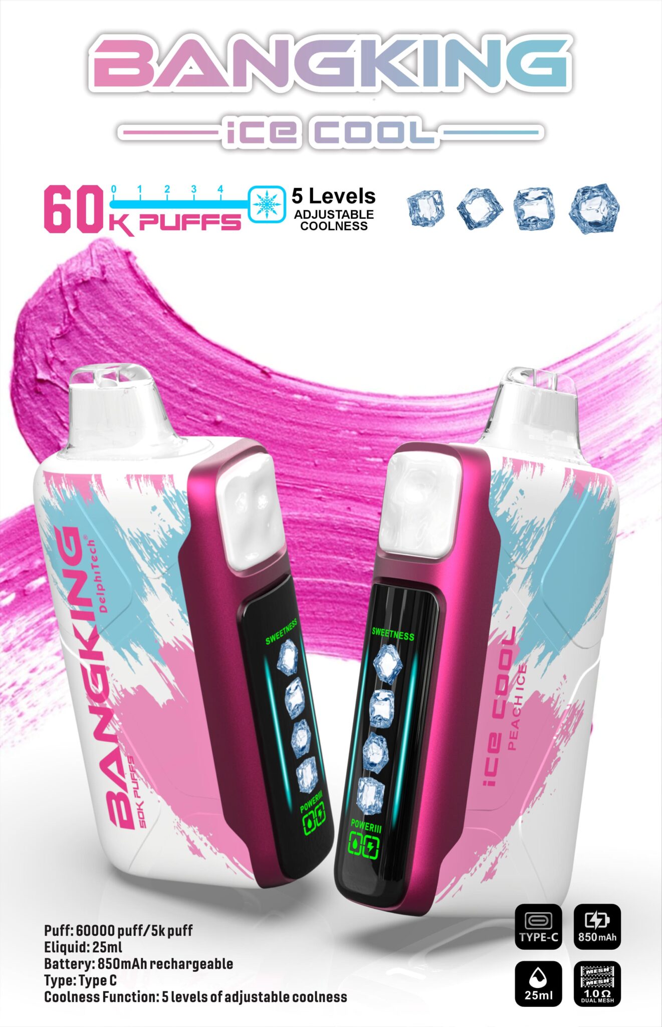 Bang King Ice Cool 60000 パフ Vape – 5 段階で調整可能な冷たさ、メッシュコイル、長期にわたるパフォーマンス ...